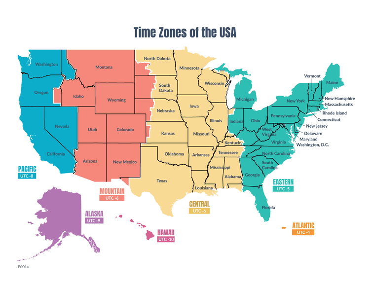 Map of US time zones including Alaska, Hawaii, and Puerto Rico
