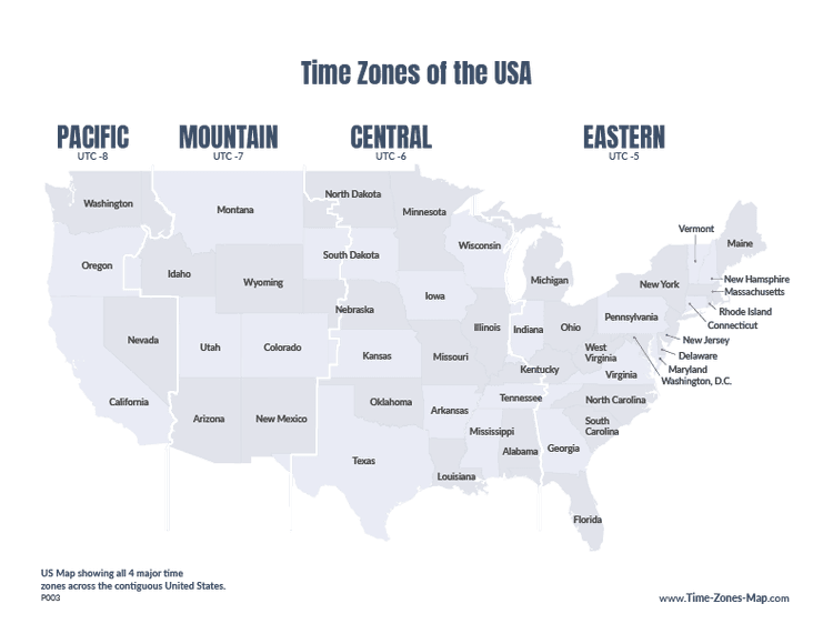 Printable US map with state names & time zone borders