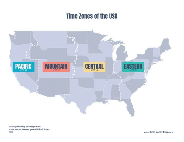 US map of time zones for the contiguous states