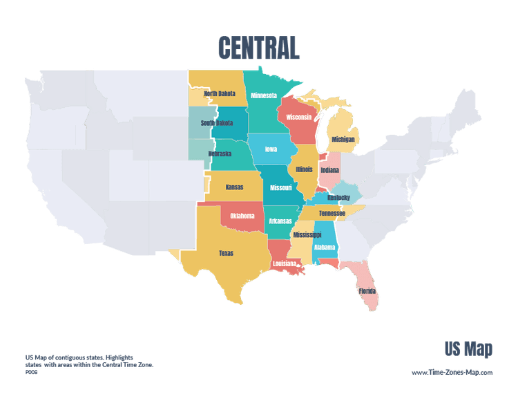Printable map with states in the central time zone