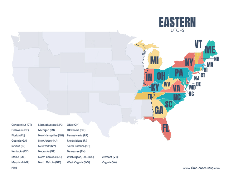 States in the Eastern Time Zone with initials