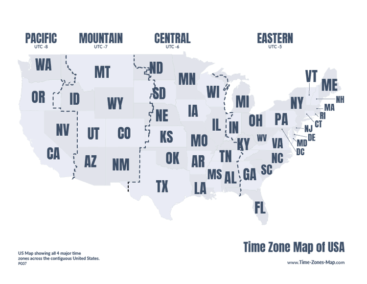 Printable US time zone map with time zone borders
