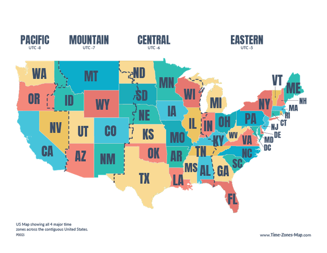 US Map with time zones and state initials