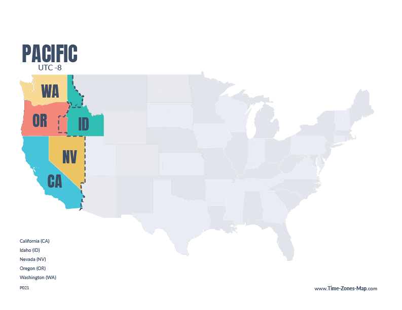 States in the Pacific Time Zone with initials