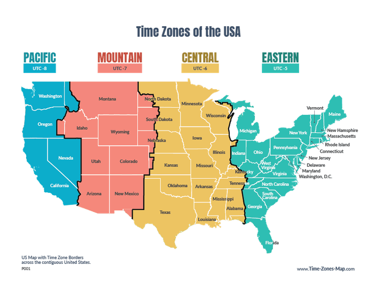 Printable US time zones map with state & time zone borders